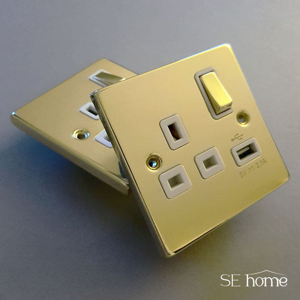 Polished Brass 2 Gang 13A Twin Double Switched Plug Socket - White Tri ...